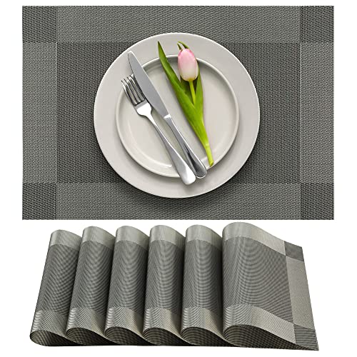 More Décor Dining Table Placemats, Washable Heat-Resistant PVC Vinyl Table Mats for Dining Room and Kitchen, Anti-Slip - Set of 6 - Grey