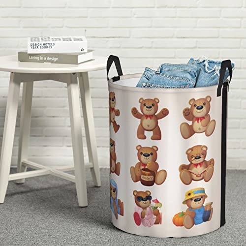 Laundry Basket,Happy Toy Teddy Bears With Funny Different Faces Nostalgic Kids Design,Large Canvas Fabric Lightweight Storage Basket/Toy Organizer/Dirty Clothes Collapsible Waterproof For College Dorms-Large