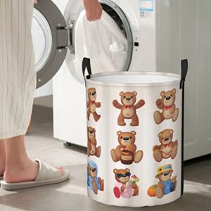 Laundry Basket,Happy Toy Teddy Bears With Funny Different Faces Nostalgic Kids Design,Large Canvas Fabric Lightweight Storage Basket/Toy Organizer/Dirty Clothes Collapsible Waterproof For College Dorms-Large