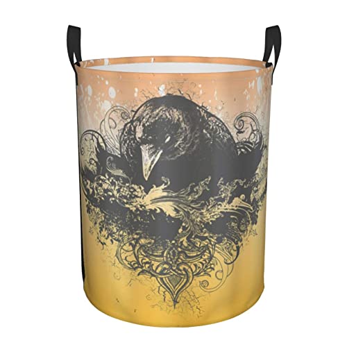 Laundry Basket,Halloween Theme Vector Of A Wicked Crow And Flowers,Large Canvas Fabric Lightweight Storage Basket/Toy Organizer/Dirty Clothes Collapsible Waterproof For College Dorms-Large