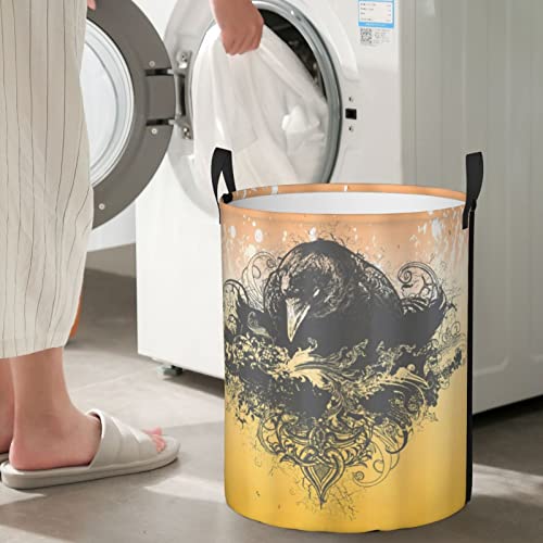 Laundry Basket,Halloween Theme Vector Of A Wicked Crow And Flowers,Large Canvas Fabric Lightweight Storage Basket/Toy Organizer/Dirty Clothes Collapsible Waterproof For College Dorms-Large