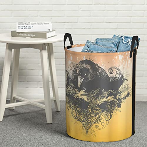 Laundry Basket,Halloween Theme Vector Of A Wicked Crow And Flowers,Large Canvas Fabric Lightweight Storage Basket/Toy Organizer/Dirty Clothes Collapsible Waterproof For College Dorms-Large