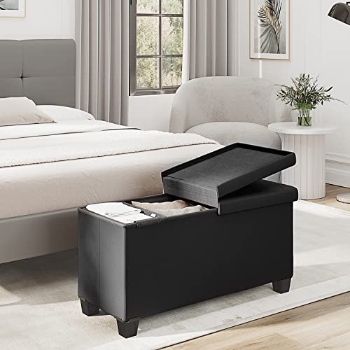 Storage Ottoman Bench with Storage Bins, 30-In Storage Bench for Bedroom End of Bed, Folding Foot Rest Ottoman with Storage for Living Room, Storage Chest Max 660lbs, Faux Leather Ottoman, Black