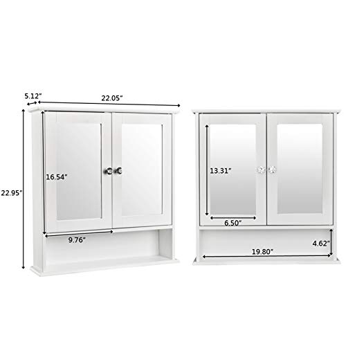 Duitrc Bathroom Wall Cabinet, White Wall Mounted Bathroom Cabinet, Space Saving Storage Cabinet with Mirrored Doors and 3 Open Shelves, Adjustable Shelves, Suitable for Bathroom,LivingRoom