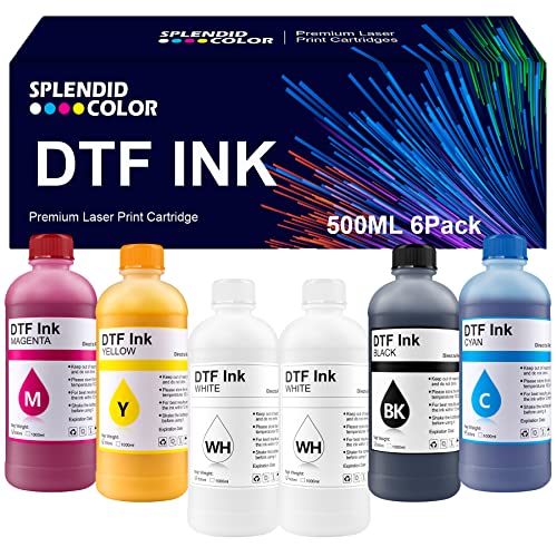 Splendidcolor DTF Ink 500ML 6 Pack Premium DTF Ink Water Base Digital Inkjet Ink Refill for Direct to Film Printers with Epson Printhead L1800 L805 R1390 4720 I3200 XP600 DX7 DX5 5113.