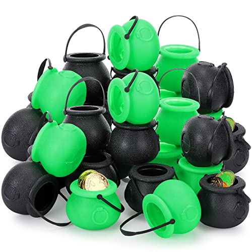 30 Pcs Halloween Candy Cauldron Kettles Mini Plastic Witches Cauldron Pot Cauldron Candy Bowl with Handle Black Green Candy Bucket for St. Patrick's Irish Themed Boys Girls Party Decorations Supplies