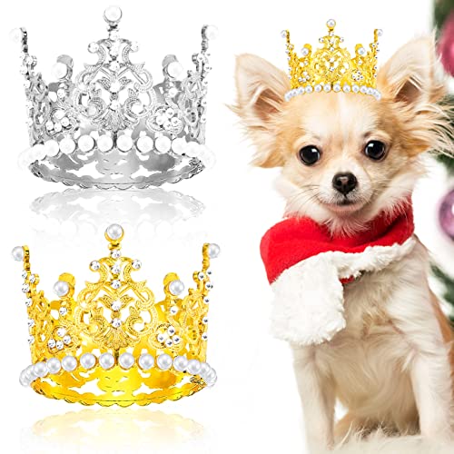 2 PCS Crown Hat for Dogs Cat Crown Headband Pets Crown Birthday Hat Dog Birthday Party Supplies Decoration Dog Rhinestone Faux Pearl Crown for Pets Costume Hair Accessories