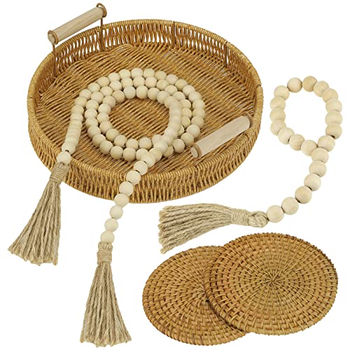 5 Pcs Boho Farmhouse Coffee Table Decor Set 1 Coffee Table Decorative Tray 11 Inch Wicker Serving Tray with Handles Round Rattan Tray Basket 2 Wood Bead Garland with Tassels 2 Rattan Coasters for Home