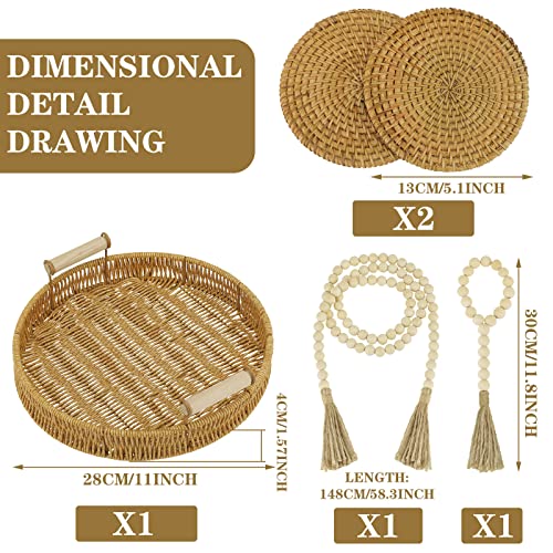 5 Pcs Boho Farmhouse Coffee Table Decor Set 1 Coffee Table Decorative Tray 11 Inch Wicker Serving Tray with Handles Round Rattan Tray Basket 2 Wood Bead Garland with Tassels 2 Rattan Coasters for Home