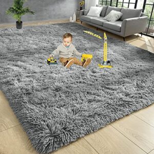 grey rug for living room, super large 6x9 ft soft fluffy shag area rug for bedroom indoor nursery room, gray throw shaggy furry carpet, faux fur plush rugs for beside teen room home décor