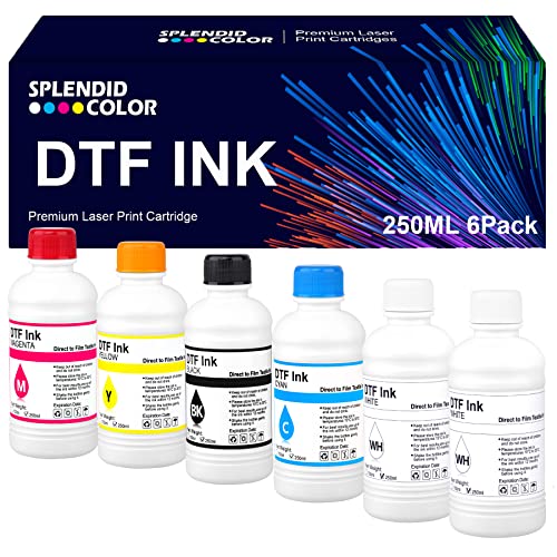 Splendidcolor DTF Ink 250ML 6 Pack Premium DTF Ink Water Base Digital Inkjet Ink Refill for Direct to Film Printers with Epson Printhead L1800 L805 R1390 4720 I3200 XP600 DX7 DX5 5113.…