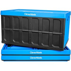 CleverMade 62L Collapsible Storage Bins - Durable Plastic Folding Utility Crates, Royal Blue, 3 Pack & CleverMade - 8034119-21843PK 62L Collapsible Storage Bins with Lids - 3 Pack, Neptune Blue