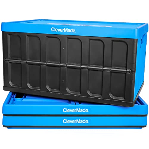 CleverMade 62L Collapsible Storage Bins - Durable Plastic Folding Utility Crates, Royal Blue, 3 Pack & CleverMade - 8034119-21843PK 62L Collapsible Storage Bins with Lids - 3 Pack, Neptune Blue