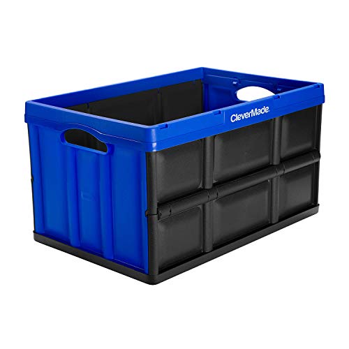 CleverMade 62L Collapsible Storage Bins - Durable Plastic Folding Utility Crates, Royal Blue, 3 Pack & CleverMade - 8034119-21843PK 62L Collapsible Storage Bins with Lids - 3 Pack, Neptune Blue