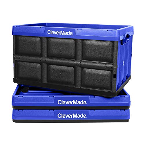 CleverMade 62L Collapsible Storage Bins - Durable Plastic Folding Utility Crates, Royal Blue, 3 Pack & CleverMade - 8034119-21843PK 62L Collapsible Storage Bins with Lids - 3 Pack, Neptune Blue