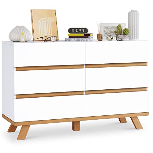 DHMAKER White Dresser, 6 Drawer Modern Double Dresser, Wide Chest of Drawers, Wooden Storage Cabinet for Bedroom, Entryway, Living Room, Hallway