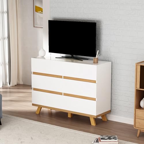 DHMAKER White Dresser, 6 Drawer Modern Double Dresser, Wide Chest of Drawers, Wooden Storage Cabinet for Bedroom, Entryway, Living Room, Hallway