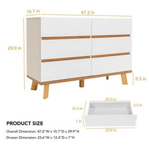 DHMAKER White Dresser, 6 Drawer Modern Double Dresser, Wide Chest of Drawers, Wooden Storage Cabinet for Bedroom, Entryway, Living Room, Hallway