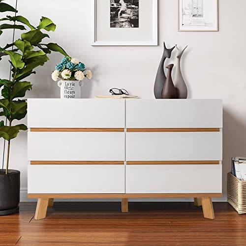 DHMAKER White Dresser, 6 Drawer Modern Double Dresser, Wide Chest of Drawers, Wooden Storage Cabinet for Bedroom, Entryway, Living Room, Hallway