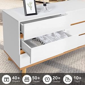 DHMAKER White Dresser, 6 Drawer Modern Double Dresser, Wide Chest of Drawers, Wooden Storage Cabinet for Bedroom, Entryway, Living Room, Hallway