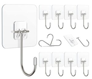 musicate large adhesive hooks, transparent self adhesive wall hooks heavy duty 22 lb waterproof sticky hooks reusable seamless hooks utility hooks for bathroom kitchen ceiling office 10 packs