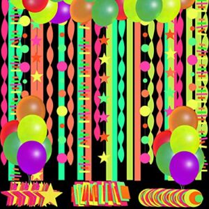 neon party supplies neon streamers paper glow party garland hanging decorations uv neon glow balloons for birthday, christmas, wedding, black light party supplies