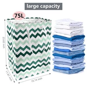 Nancyber 2 Pack Collapsible Laundry Basket, 75L Large Waterproof Laundry Hamper with Handles, Clothes Hampers for Laundry, Dorm, Toys Storage, Foldable Laundry Room Organization (Green Wavy)