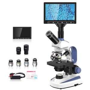 upgrade compound monocular microscope with 40x-2500x, dual-view microscope for adults, wide-field 10x and 25x eyepieces, dual illumination, built-in 5mp camera with 7’’ lcd screen, abbe condenser