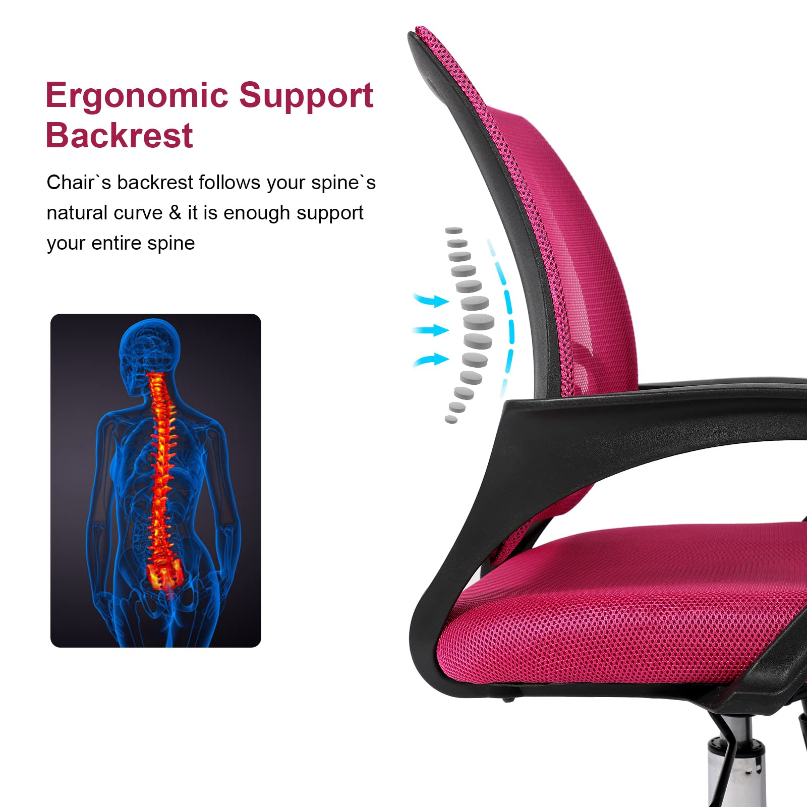 InfiniPower Task Ergonomic Mesh Computer Wheels and Arms and Lumbar Support Study Chair for Students Teens Men Women for Dorm Home Office, Pink