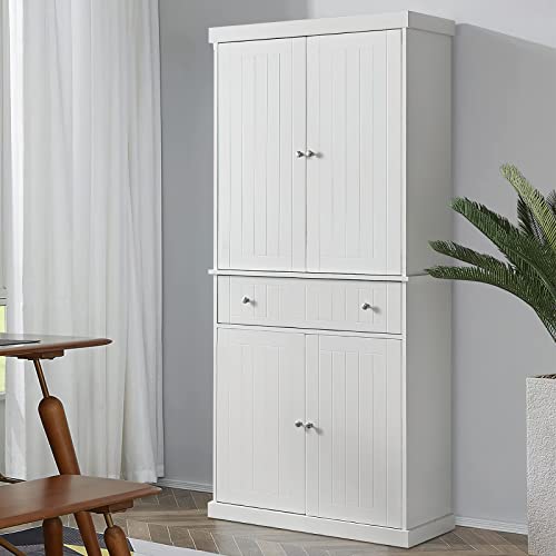 SunsGrove Kitchen Pantry Storage Cabinet, 71" Traditional Freestanding Kitchen Pantry Cupboard with Doors and Adjustable Shelves, Tall Storage Cabinet for Kitchen, Living Room, Dining Room, White