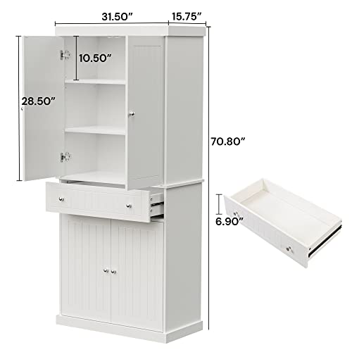 SunsGrove Kitchen Pantry Storage Cabinet, 71" Traditional Freestanding Kitchen Pantry Cupboard with Doors and Adjustable Shelves, Tall Storage Cabinet for Kitchen, Living Room, Dining Room, White