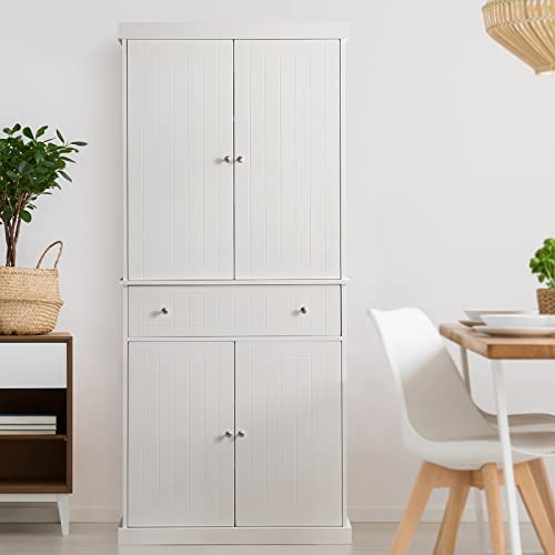 SunsGrove Kitchen Pantry Storage Cabinet, 71" Traditional Freestanding Kitchen Pantry Cupboard with Doors and Adjustable Shelves, Tall Storage Cabinet for Kitchen, Living Room, Dining Room, White