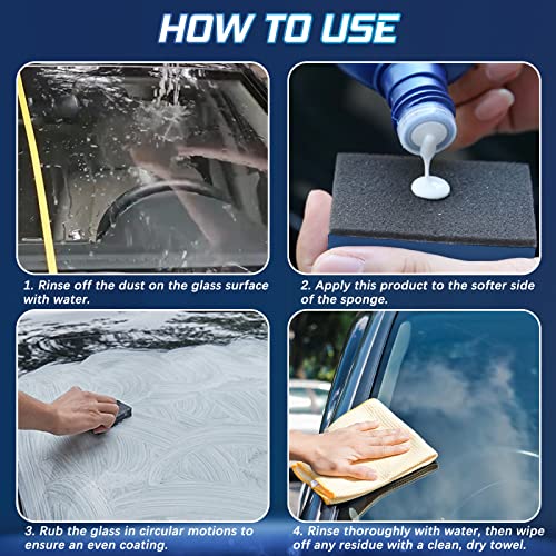 Car Glass Oil Film Cleaner, Car Glass Cleaner with Sponge, Glass Cleaner for Auto and Home Eliminates Water Spots, Bird Droppings, Coatings, and More to Polish and Restore Glass to Clear (180g)