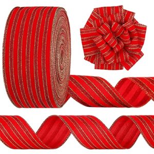 christmas wired velvet ribbon with gold edge, velvet waterproof ribbon wrapping velvet decoration ribbon for xmas wreath bows floral craft ornaments, red stripes (4 inch by 60 yard)