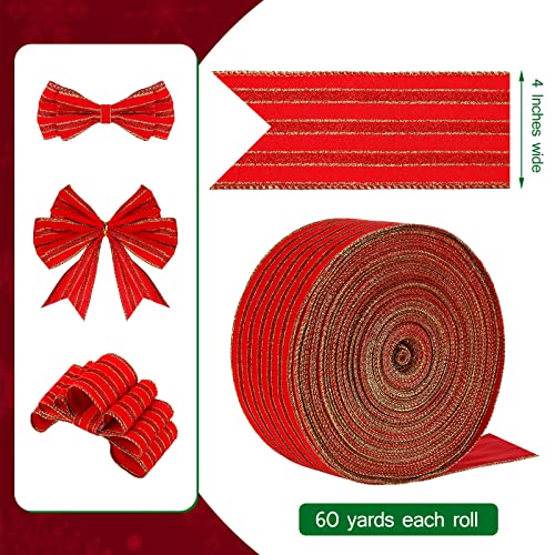 Christmas Wired Velvet Ribbon with Gold Edge, Velvet Waterproof Ribbon Wrapping Velvet Decoration Ribbon for Xmas Wreath Bows Floral Craft Ornaments, Red Stripes (4 Inch by 60 Yard)