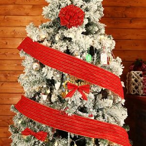 Christmas Wired Velvet Ribbon with Gold Edge, Velvet Waterproof Ribbon Wrapping Velvet Decoration Ribbon for Xmas Wreath Bows Floral Craft Ornaments, Red Stripes (4 Inch by 60 Yard)