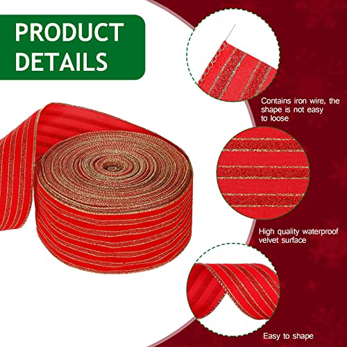 Christmas Wired Velvet Ribbon with Gold Edge, Velvet Waterproof Ribbon Wrapping Velvet Decoration Ribbon for Xmas Wreath Bows Floral Craft Ornaments, Red Stripes (4 Inch by 60 Yard)