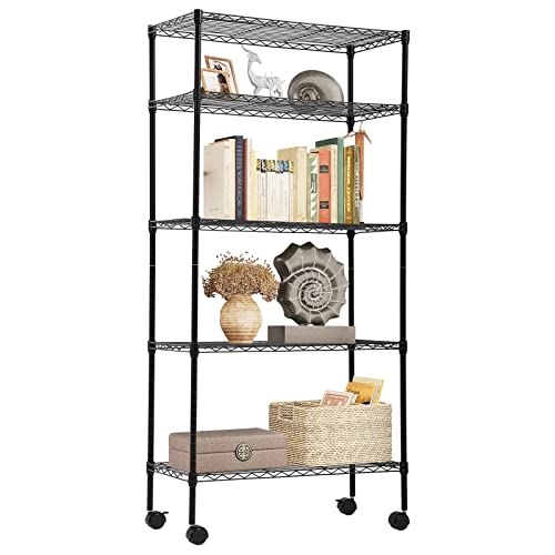 BLKMTY 5 Tier Wire Shelving Unit Height Adjustable Storage Shelves Compact Metal Shelves with Wheels for Pantry Garage Organizer Kitchen NSF Metal Storage Rack 30"x14"x60", Black