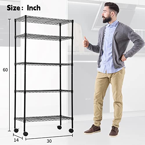 BLKMTY 5 Tier Wire Shelving Unit Height Adjustable Storage Shelves Compact Metal Shelves with Wheels for Pantry Garage Organizer Kitchen NSF Metal Storage Rack 30"x14"x60", Black