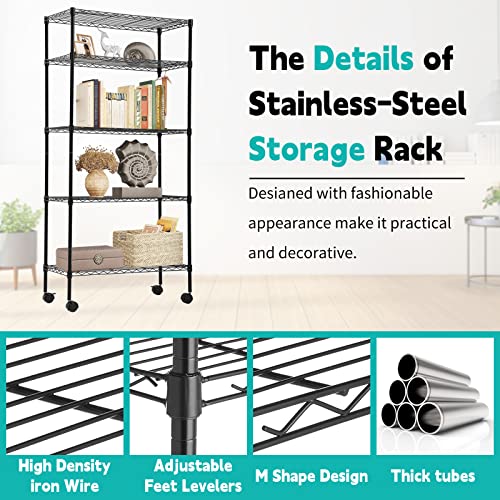 BLKMTY 5 Tier Wire Shelving Unit Height Adjustable Storage Shelves Compact Metal Shelves with Wheels for Pantry Garage Organizer Kitchen NSF Metal Storage Rack 30"x14"x60", Black