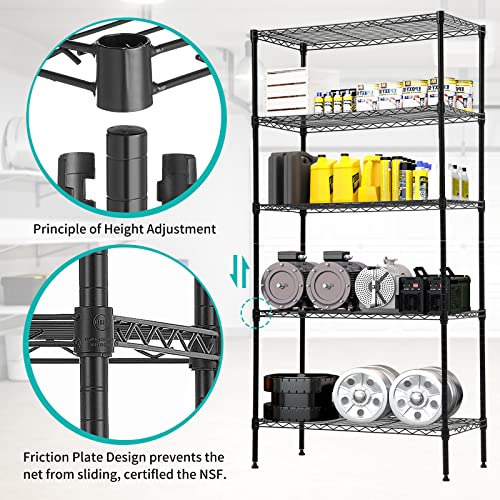 BLKMTY 5 Tier Wire Shelving Unit Height Adjustable Storage Shelves Compact Metal Shelves with Wheels for Pantry Garage Organizer Kitchen NSF Metal Storage Rack 30"x14"x60", Black