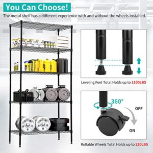 BLKMTY 5 Tier Wire Shelving Unit Height Adjustable Storage Shelves Compact Metal Shelves with Wheels for Pantry Garage Organizer Kitchen NSF Metal Storage Rack 30"x14"x60", Black