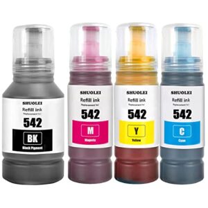 shuolei 542 ink compatible refill bottle ink 542 t542 work for ecotank pro et-5150 et-5170 et-5180 et-5800 et-5850 et-5880 et-16650 et-16600 workforce st-c8000 (4 packs, bk/c/m/y)