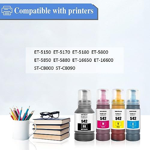 SHUOLEI 542 Ink Compatible Refill Bottle Ink 542 T542 Work for EcoTank Pro ET-5150 ET-5170 ET-5180 ET-5800 ET-5850 ET-5880 ET-16650 ET-16600 Workforce ST-C8000 (4 Packs, BK/C/M/Y)