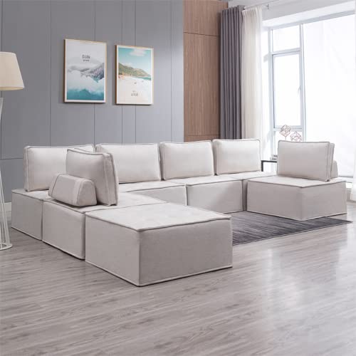 ZAFLY Modular Sectional Sofa, Convertible L Shaped U Shaped Couch Sofa, Living Room Furniture Sets Modern Armless Floor Sofa, Couch for Living Room Bedroom, 7PCS (Beige)