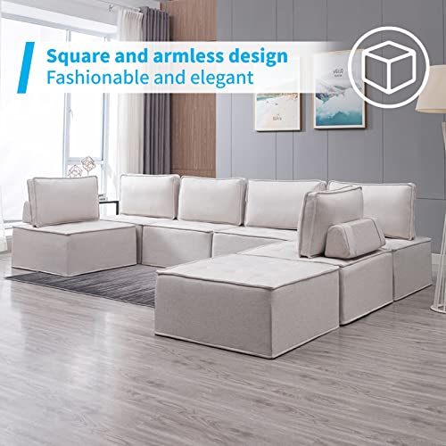 ZAFLY Modular Sectional Sofa, Convertible L Shaped U Shaped Couch Sofa, Living Room Furniture Sets Modern Armless Floor Sofa, Couch for Living Room Bedroom, 7PCS (Beige)