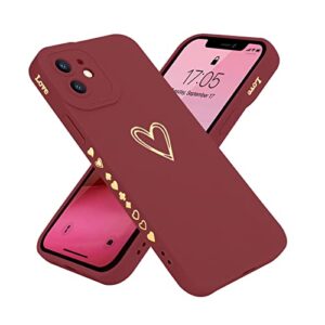 teageo compatible with iphone 12 case 6.1 inch for women girls, cute luxury love heart [soft anti-scratch full camera lens protection] silicone girly shockproof phone case for iphone 12-burgundy