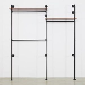 EDCB Industrial Pipe Clothing Rack with 2 Shelves, Clothes Rack Wall Mounted Heavy Duty Hanging Rack Clothing Store Display Stands Garment Rack Closet System(Black, 96.5x80.7inch)