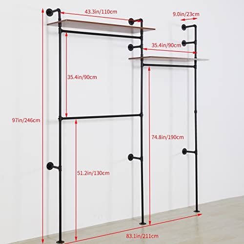 EDCB Industrial Pipe Clothing Rack with 2 Shelves, Clothes Rack Wall Mounted Heavy Duty Hanging Rack Clothing Store Display Stands Garment Rack Closet System(Black, 96.5x80.7inch)