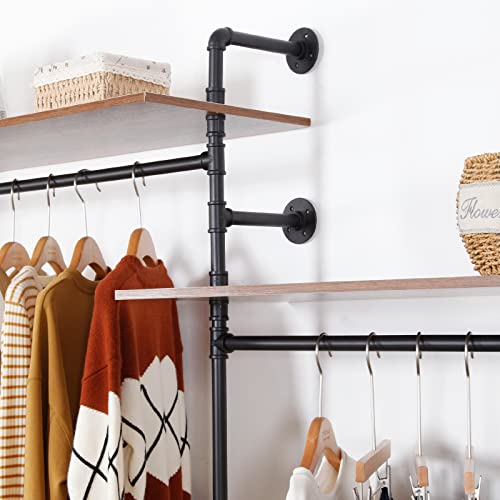 EDCB Industrial Pipe Clothing Rack with 2 Shelves, Clothes Rack Wall Mounted Heavy Duty Hanging Rack Clothing Store Display Stands Garment Rack Closet System(Black, 96.5x80.7inch)